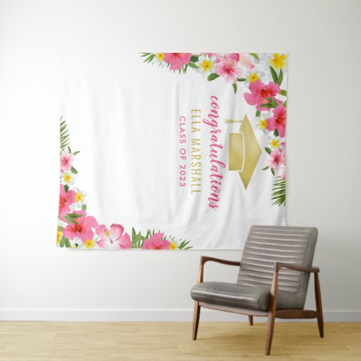 Tropical Gold Pink Congratulations Grad Backdrop | Zazzle