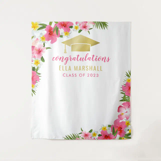 Tropical Gold Pink Congratulations Grad Backdrop | Zazzle