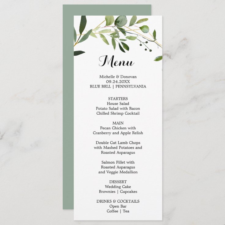 Tropical Green Leaves Dinner Menu Card | Zazzle