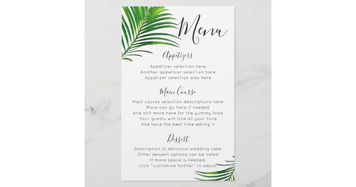 Tropical Green Palm Tree Leaves Reception Menu | Zazzle