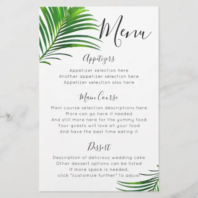 Tropical Green Palm Tree Leaves Reception Menu | Zazzle