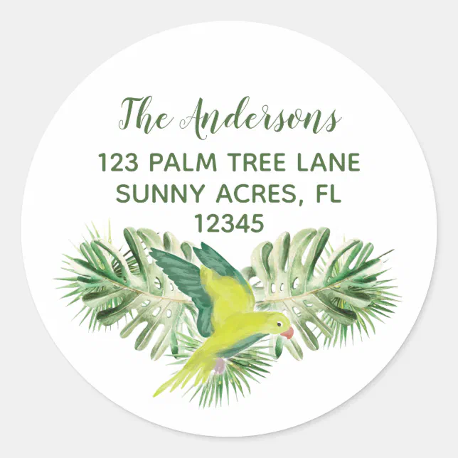 Tropical Green Parrot Round Return Address Label | Zazzle