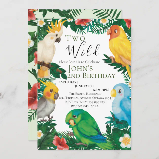 Tropical Greenery Exotic Parrots Wild Birthday Invitation | Zazzle