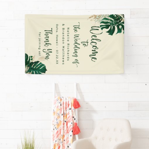 Tropical Greenery & Leaves Chic Wedding Welcome Banner | Zazzle
