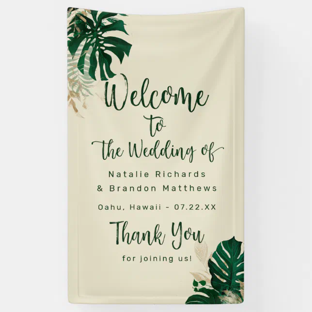 Tropical Greenery & Leaves Chic Wedding Welcome Banner | Zazzle