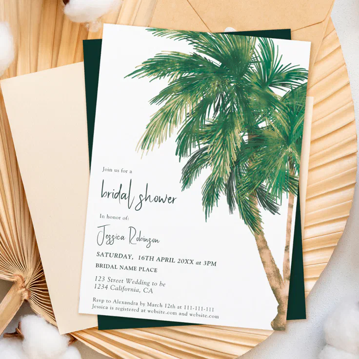 Tropical greenery script palm tree bridal shower invitation | Zazzle