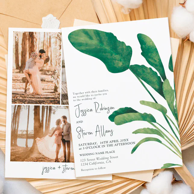 Tropical greenery script plant 3 photo wedding invitation | Zazzle