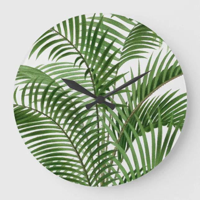 Tropical Greenery Watercolor Palm Tree Leaves Large Clock | Zazzle