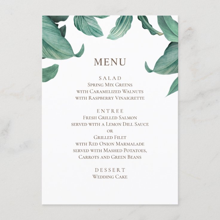 Tropical greenery wedding. Watercolor botanical Menu | Zazzle