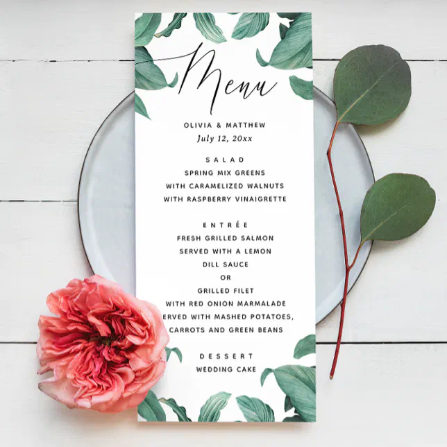 Tropical greenery wedding. Watercolor botanical Menu | Zazzle