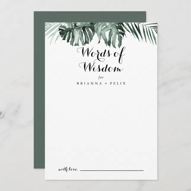 Tropical Greenery White Wedding Words of Wisdom Advice Card | Zazzle