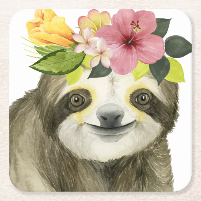 Tropical Halo | Sweet Sloth Square Paper Coaster | Zazzle