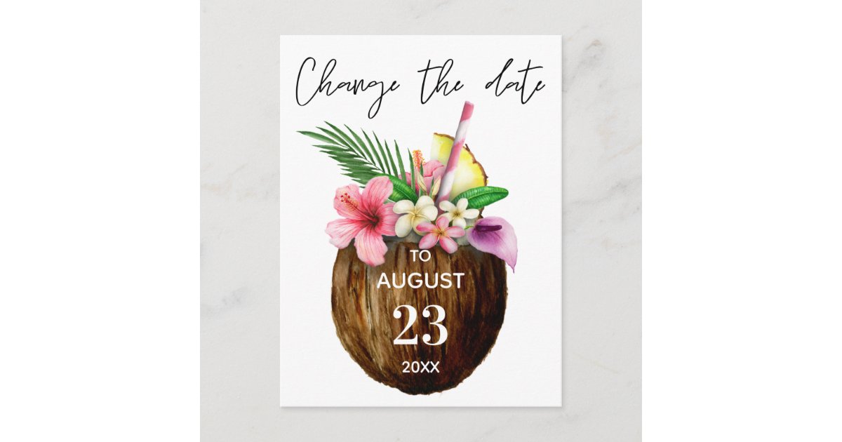 Tropical Hawaiian Floral & Coconut Change the Date Postcard | Zazzle