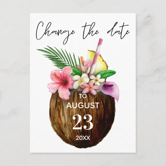 Tropical Hawaiian Floral & Coconut Change the Date Postcard | Zazzle