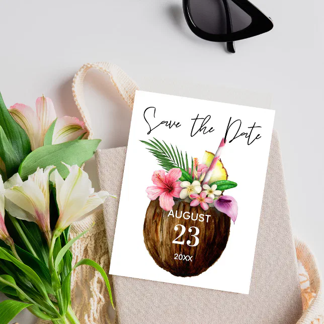 Tropical Hawaiian Floral & Coconut Save the Date Postcard | Zazzle