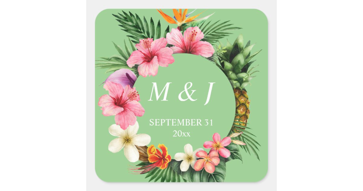 Tropical Hawaiian Floral Monogram- Green Square Sticker | Zazzle