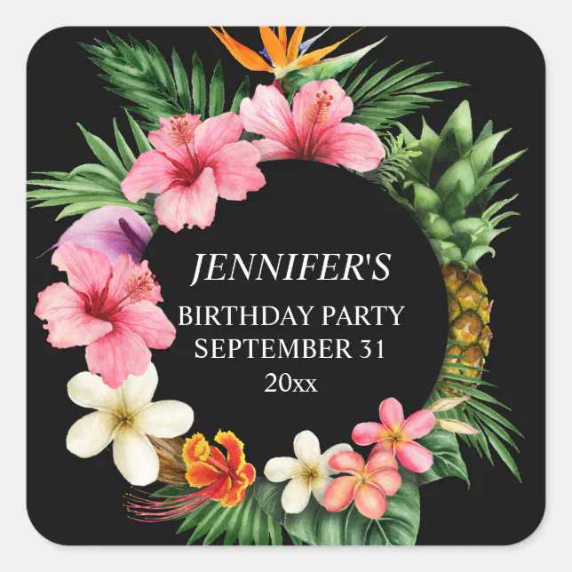 Tropical Hawaiian Floral Name- Black Square Sticker | Zazzle