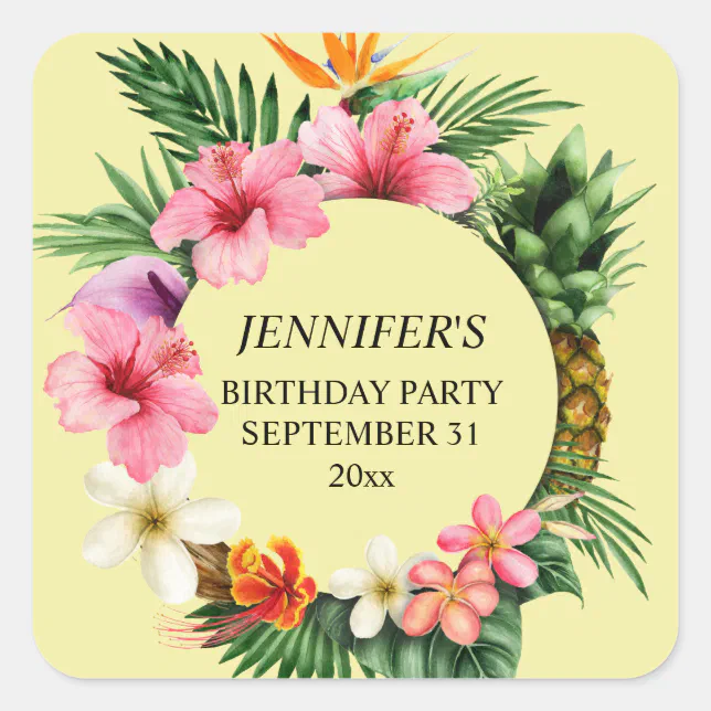 Tropical Hawaiian Floral Name - Yellow Square Sticker | Zazzle