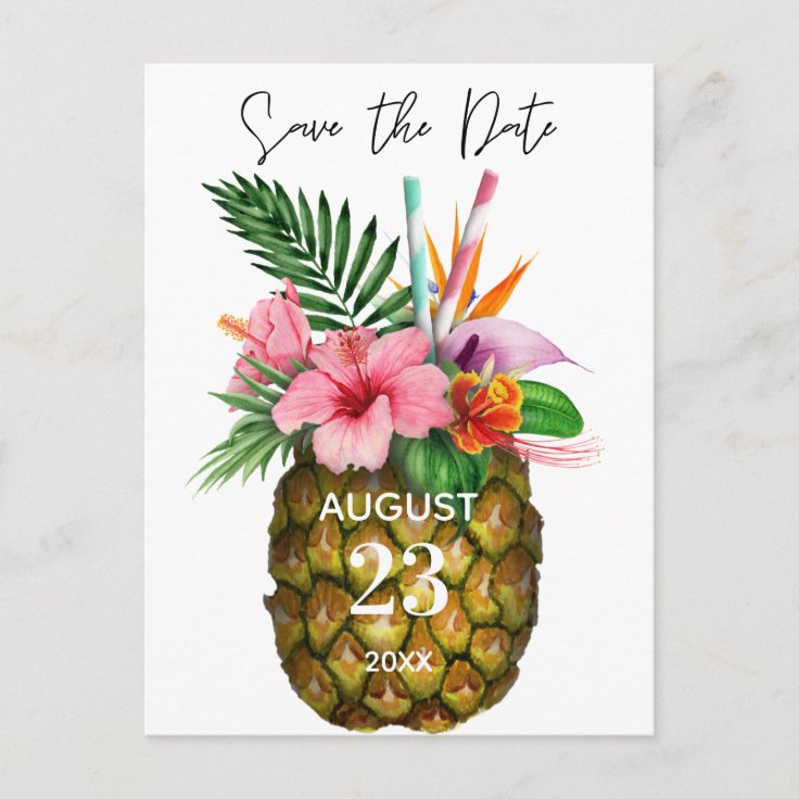 Tropical Hawaiian Floral & Pineapple Save the Date Postcard | Zazzle