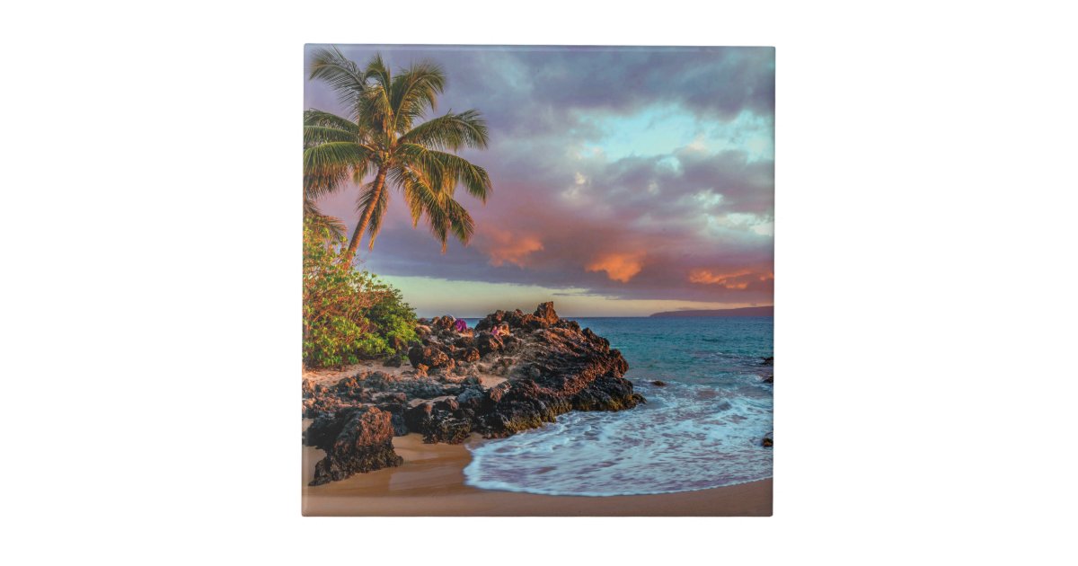 Tropical Hawaiian Palm Tree Sandy Beach Paradise Ceramic Tile | Zazzle