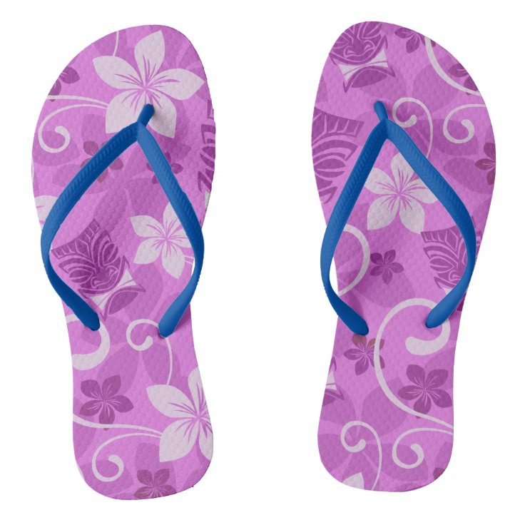 Tropical Hawaiian Pink and Purple Tiki Flip Flops | Zazzle