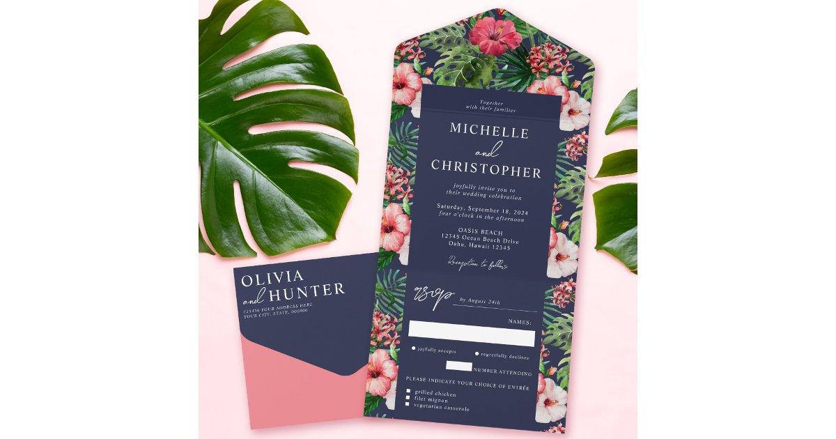 Tropical Hibiscus Modern Wedding Navy Blue All In One Invitation | Zazzle