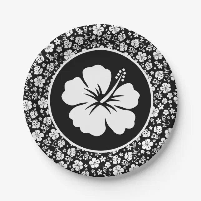 Tropical Hibiscus on Black Paper Plate | Zazzle