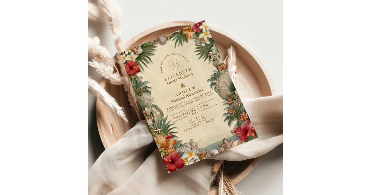 Tropical Hibiscus Seashell Wedding Invitation | Zazzle
