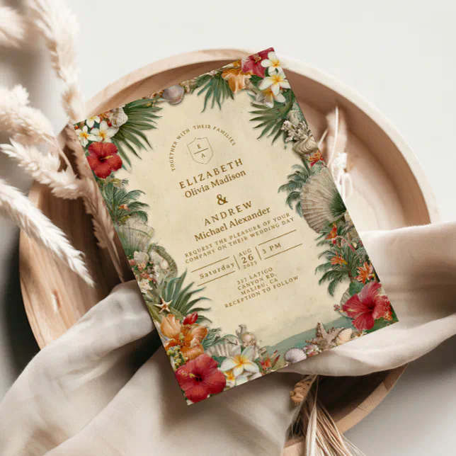 Tropical Hibiscus Seashell Wedding Invitation | Zazzle