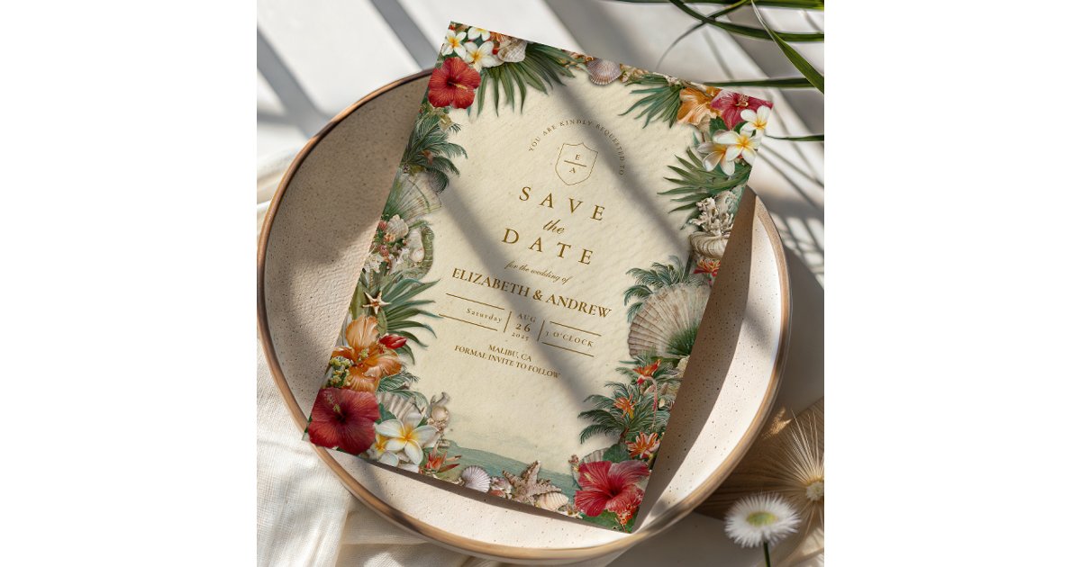 Tropical Hibiscus Seashell Wedding Save The Date | Zazzle