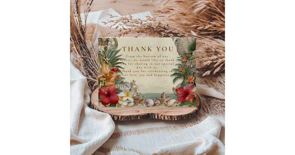 Tropical Hibiscus Seashell Wedding Thank You Card | Zazzle