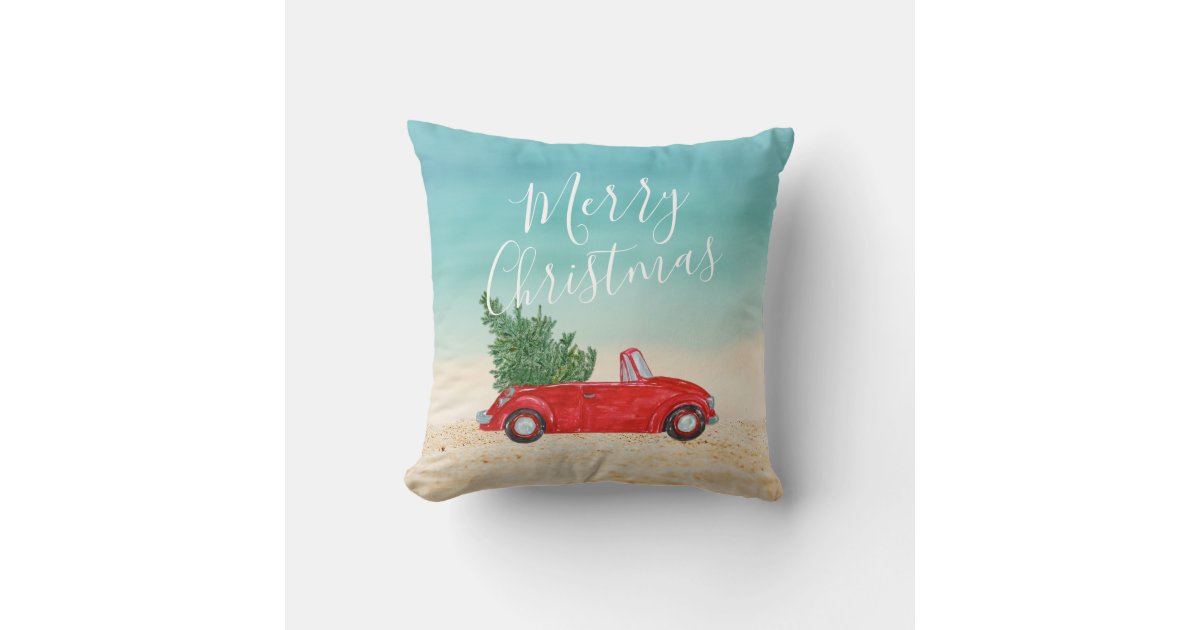 Tropical Holiday Vintage Red Car Christmas Tree Throw Pillow | Zazzle
