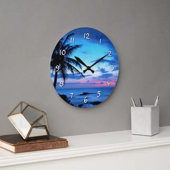 Tropical Island Beach Ocean Pink Blue Sunset Photo Large Clock | Zazzle