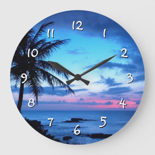 Tropical Island Beach Ocean Pink Blue Sunset Photo Large Clock | Zazzle