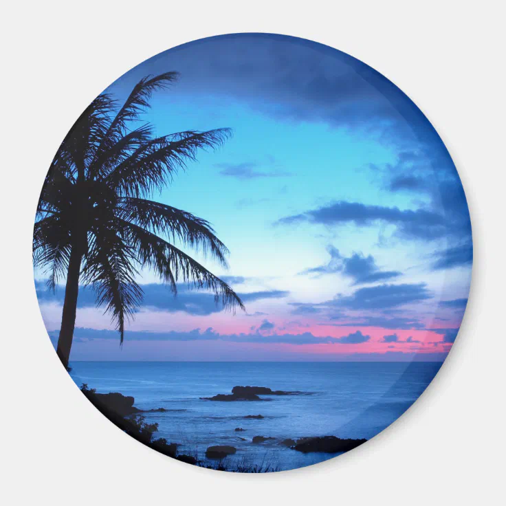 Tropical Island Beach Ocean Pink Blue Sunset Photo Magnet | Zazzle