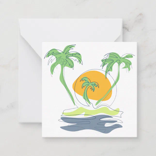 Tropical island beach scenery. Outline palm tree Note Card | Zazzle