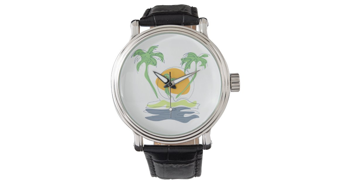 Tropical island beach scenery. Outline palm tree Watch | Zazzle