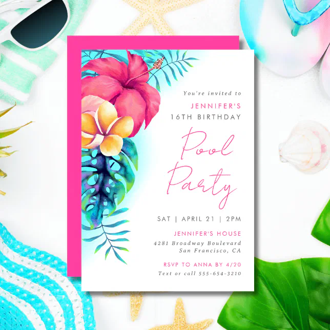 Tropical Island Flowers Pool Party Birthday Invitation | Zazzle