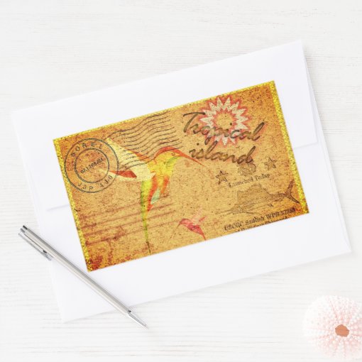 Tropical island hummingbird vintage postcard rectangular sticker | Zazzle
