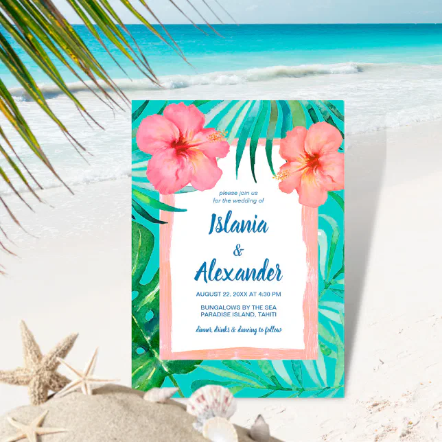 Tropical Island Palm Hibiscus Wedding Invitation | Zazzle