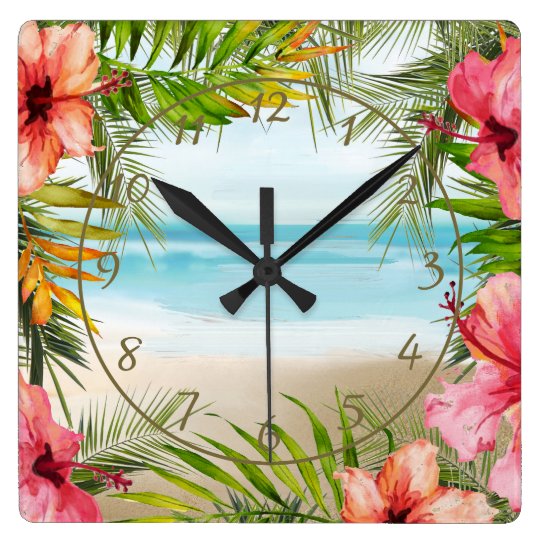 Tropical Island Paradise Palms | Hibiscus Flowers Square Wall Clock ...