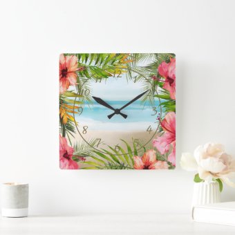 Tropical Island Paradise Palms | Hibiscus Flowers Square Wall Clock ...