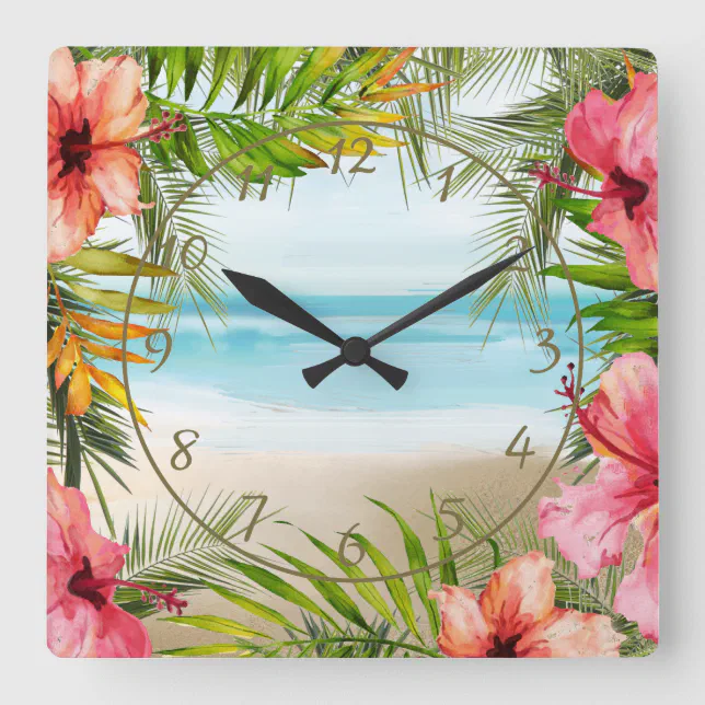 Tropical Island Paradise Palms | Hibiscus Flowers Square Wall Clock ...