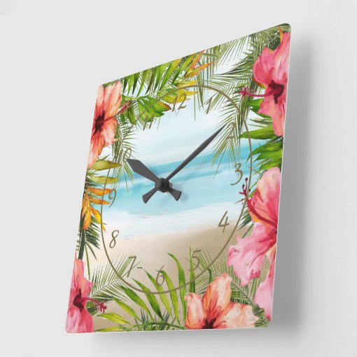 Tropical Island Paradise Palms | Hibiscus Flowers Square Wall Clock ...