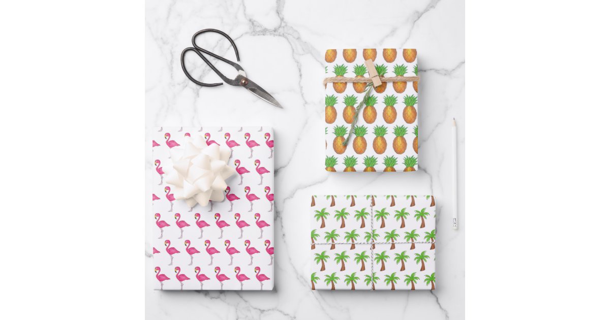 Tropical Island Pink Flamingo Palm Tree Pineapple Wrapping Paper Sheets ...