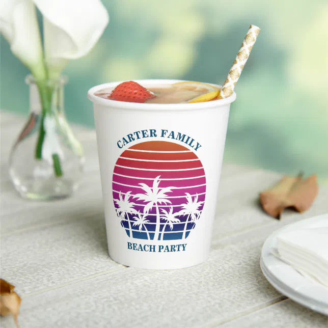 Tropical Island Pink Palm Tree Custom Beach Party Paper Cups | Zazzle