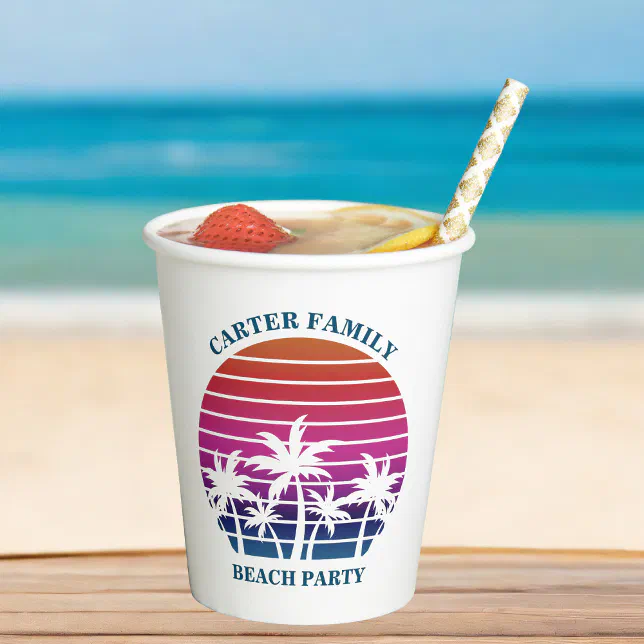 Tropical Island Pink Palm Tree Custom Beach Party Paper Cups | Zazzle