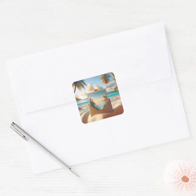 Tropical Island Postcard In Envelope Square Sticker | Zazzle