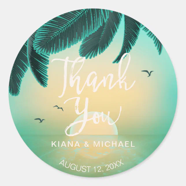Tropical Isle Sunrise Thank You Teal ID581 Classic Round Sticker | Zazzle