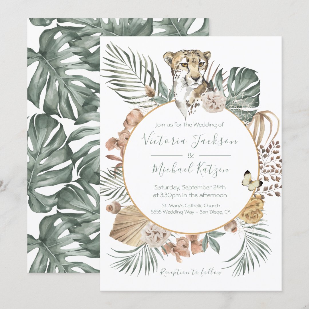 Tropical Jungle Cheetah Palm Wreath Wedding Invitation | Zazzle